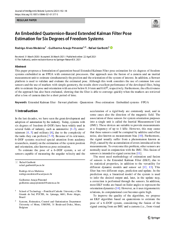 (PDF) An Embedded Quaternion-Based Extended Kalman Filter Pose Estimation for Six Degrees of ...