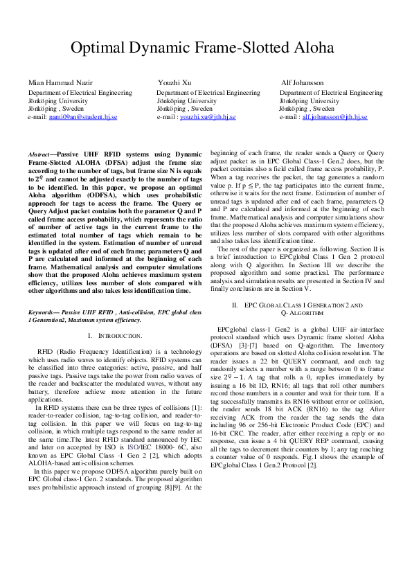 (PDF) Optimal Dynamic Frame-Slotted Aloha
