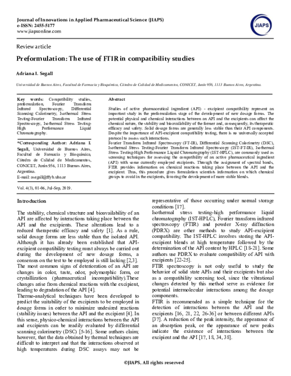 (PDF) Preformulation: The use of FTIR in compatibility studies