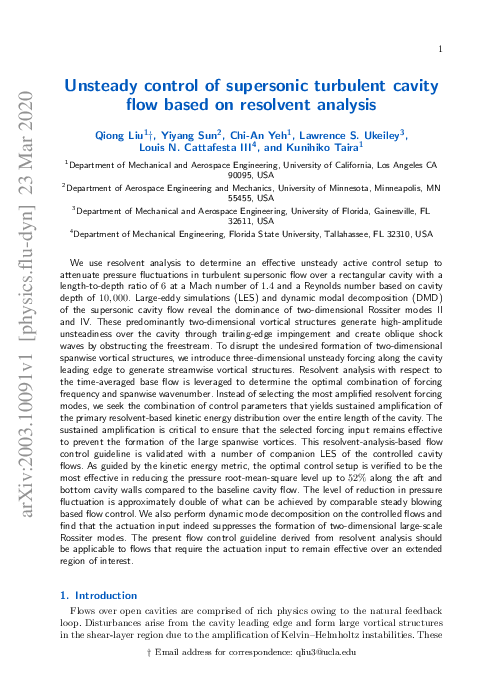 (PDF) Unsteady control of supersonic turbulent cavity flow based on resolvent analysis | yiyang ...