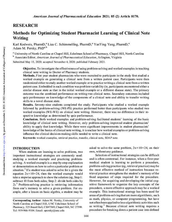 (PDF) Optimizing Clinical Note Writing: Worked Examples vs. Problem-Solving