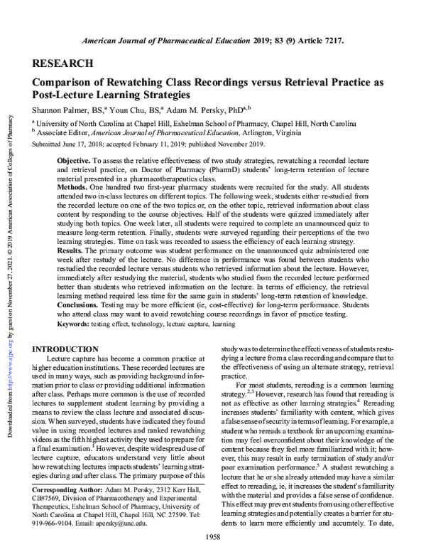 (PDF) Comparison of Rewatching Class Recordings versus Retrieval ...