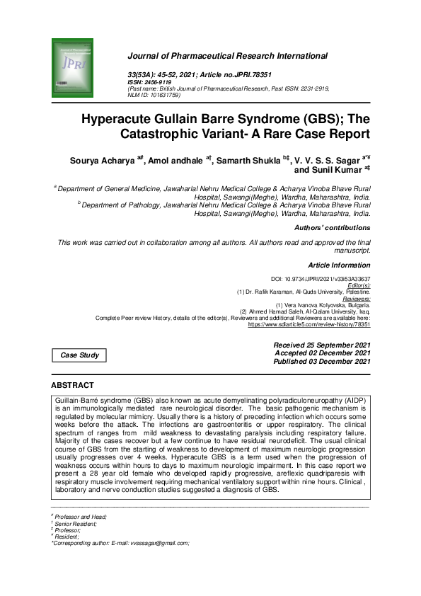 (PDF) Hyperacute Gullain Barre Syndrome (GBS); The Catastrophic Variant ...