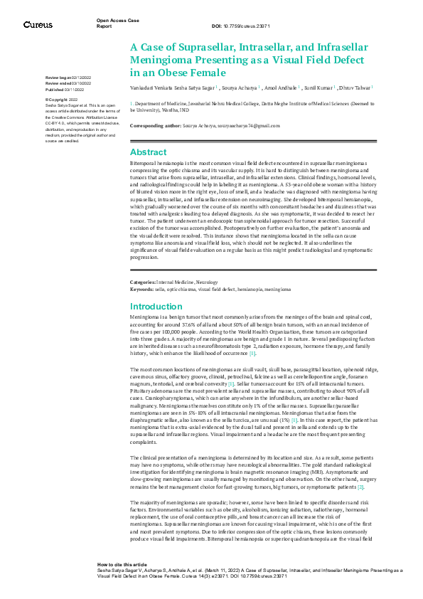 (PDF) A Case of Suprasellar, Intrasellar, and Infrasellar Meningioma ...