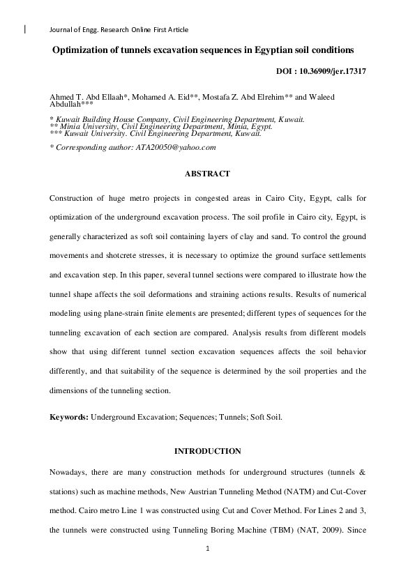 (PDF) Optimization of tunnels excavation sequences in Egyptian soil conditions