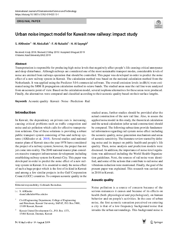 (PDF) Urban noise impact model for Kuwait new railway: impact study