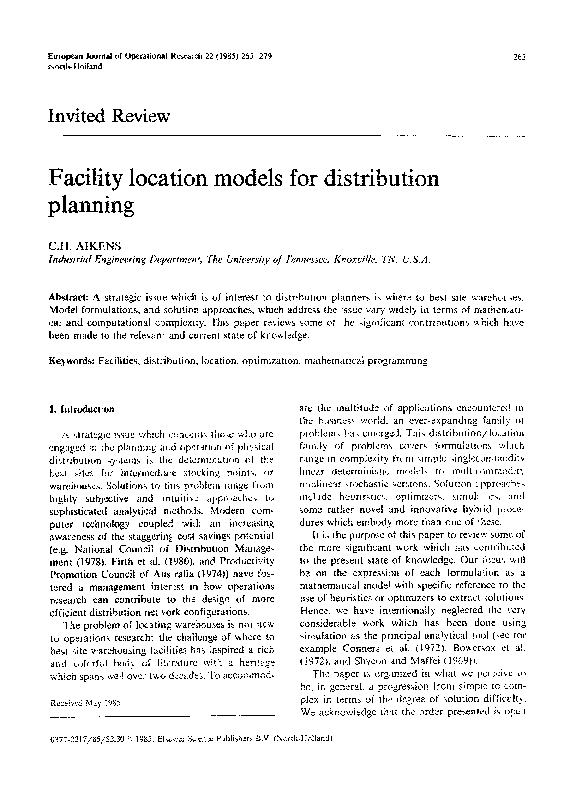 (PDF) Facility location models for distribution planning