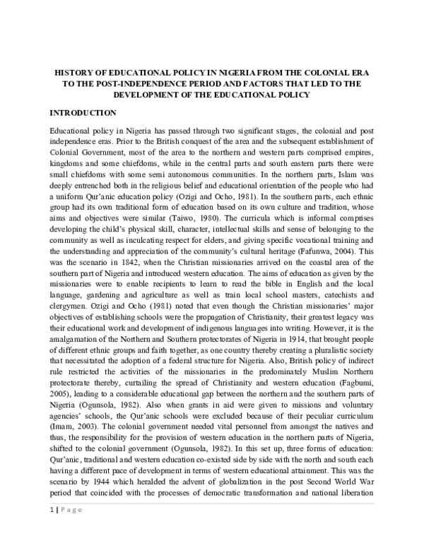 (DOC) HISTORY OF EDUCATIONAL POLICY IN NIGERIA FROM THE COLONIAL ERA TO ...