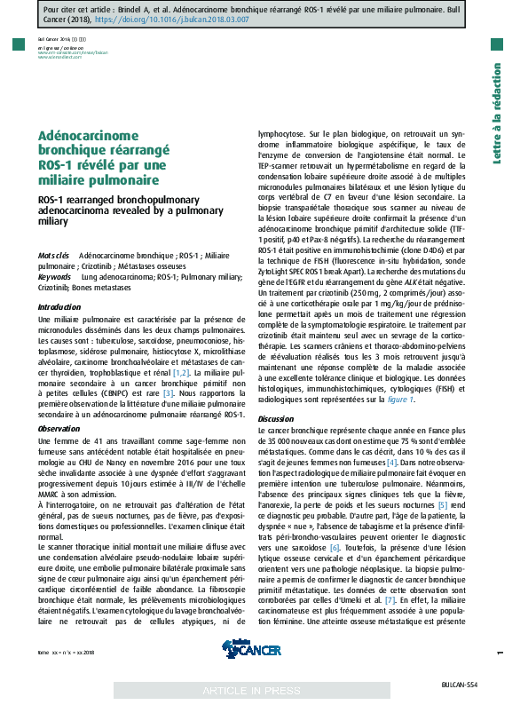 (PDF) Adénocarcinome bronchique réarrangé ROS-1 révélé par une miliaire ...