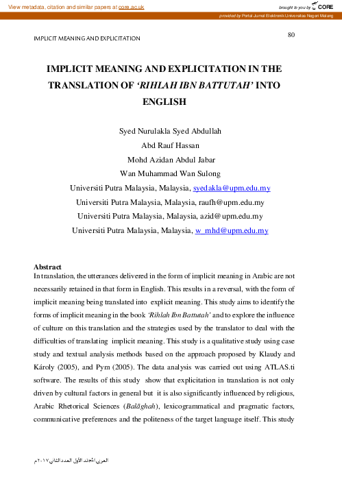 (PDF) Implicit Meaning and Explicitation in the Translation of ‘Rihlah ...