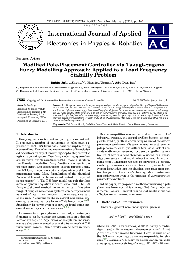 (PDF) Electronics in Physics & Robotics Research Article Modified Pole-Placement Controller via ...