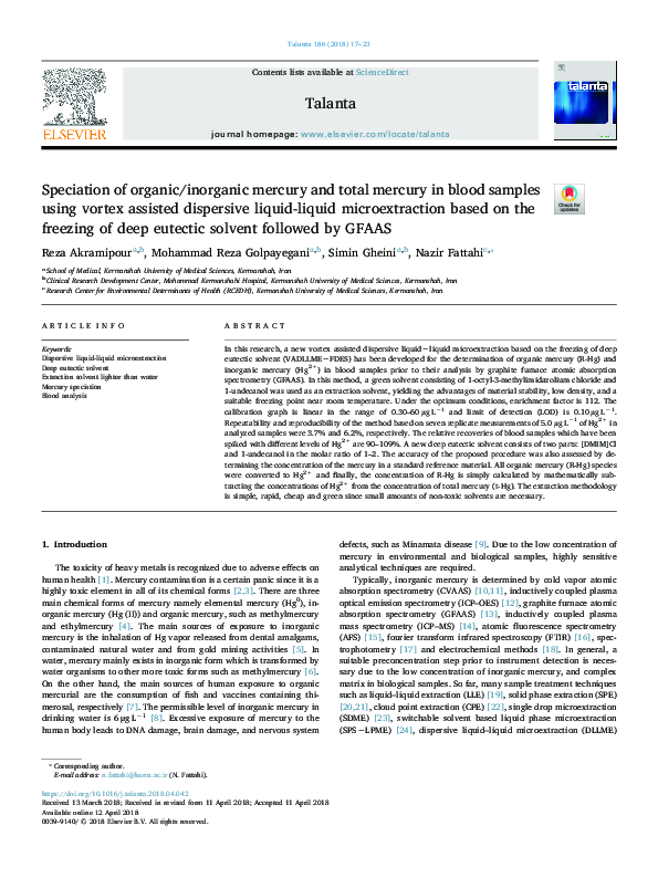(PDF) Speciation of organic/inorganic mercury and total mercury in ...