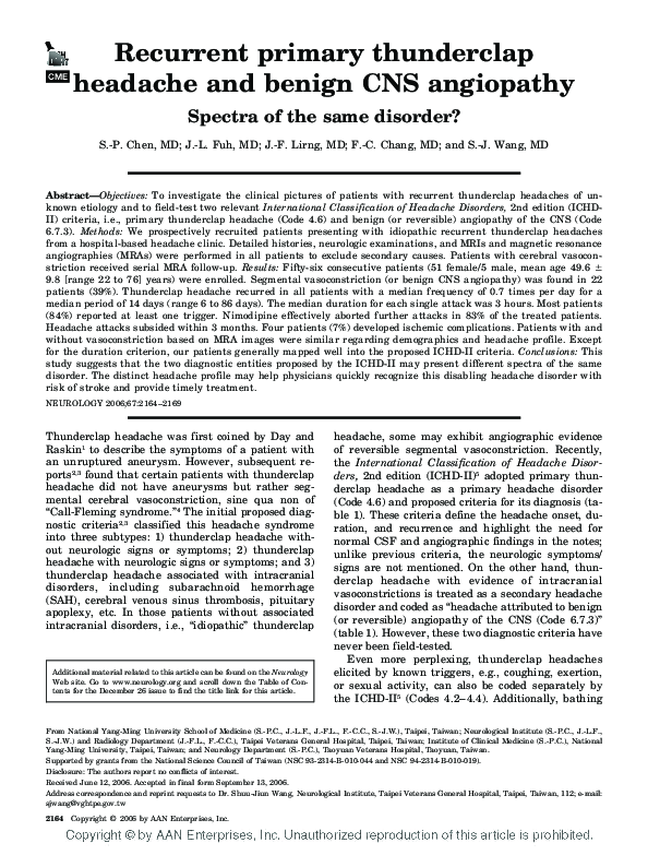 (PDF) Recurrent primary thunderclap headache and benign CNS angiopathy ...