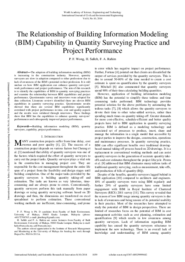 (PDF) The Relationship Of Building Information Modeling (Bim) Capability In Quantity Surveying ...