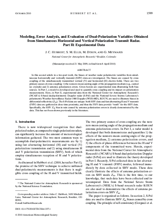 Pdf Modeling Error Analysis And Evaluation Of Dual Polarization Variables Obtained From