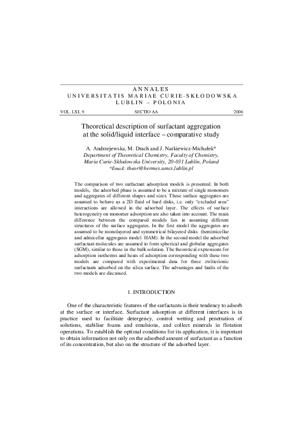 (PDF) Theoretical description of surfactant aggregation at the solid/liquid interface ...