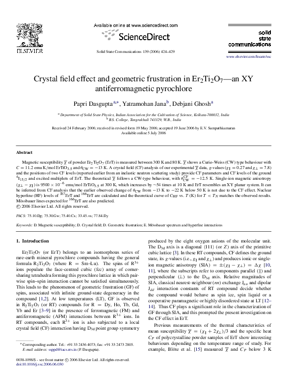 (PDF) Crystal field effect and geometric frustration in Er2Ti2O7 —an XY ...