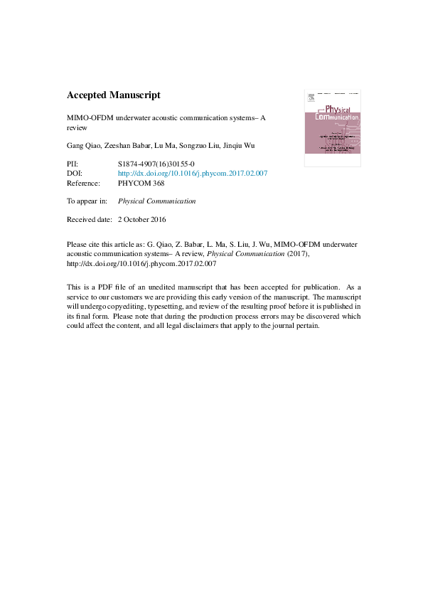 Pdf Mimo Ofdm Underwater Acoustic Communication Systems—a Review