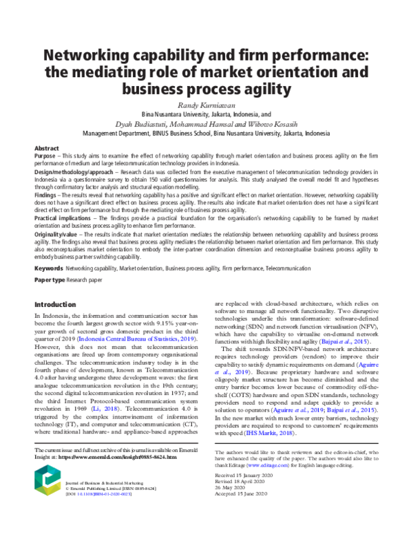 (PDF) Networking capability and firm performance: the mediating role of market orientation and ...