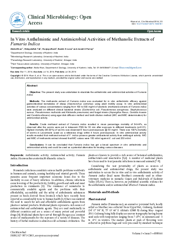 (PDF) In Vitro Anthelmintic and Antimicrobial Activities of Methanolic Extracts of Fumaria Indica