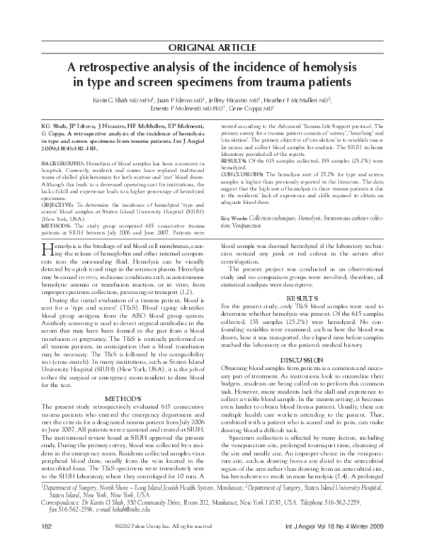 (PDF) A retrospective analysis of the incidence of hemolysis in type ...