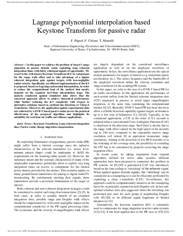 (PDF) Lagrange-Polynomial-Interpolation-Based Keystone Transform for a Passive Radar