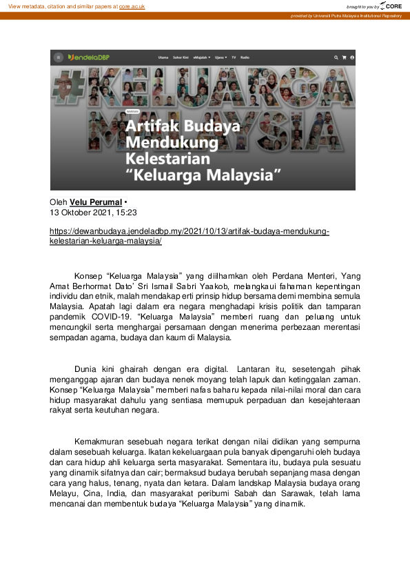 (PDF) Artifak budaya mendukung kelestarian "Keluarga Malaysia | Velu ...