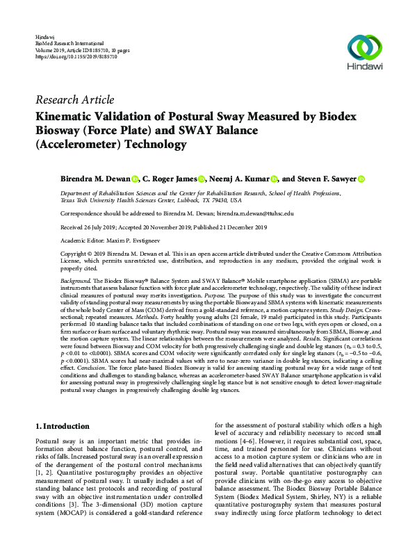 (PDF) Kinematic Validation of Postural Sway Measured by Biodex Biosway (Force Plate) and SWAY ...