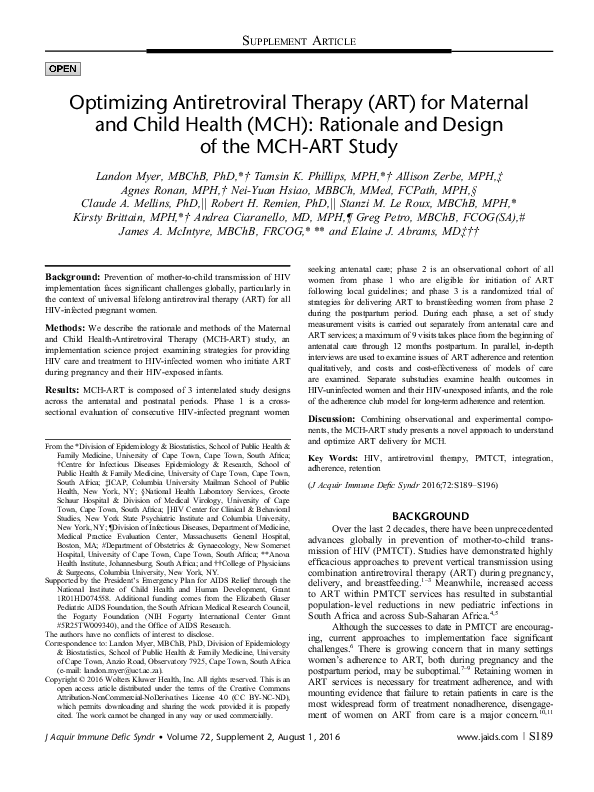 (PDF) Optimizing Antiretroviral Therapy (ART) for Maternal and Child Health (MCH): Rationale and ...