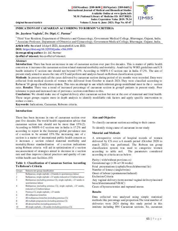 (PDF) Indications of Caesarean According to Robson’s Criteria