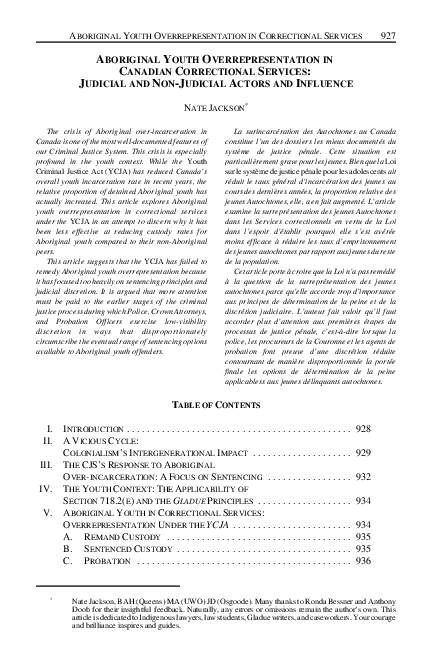 (PDF) Aboriginal Youth Overrepresentation in Canadian Correctional ...