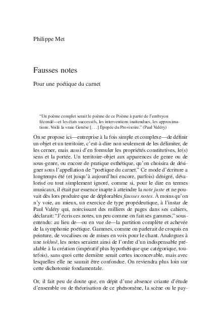 (PDF) Fausses notes: Pour une poétique du carnet