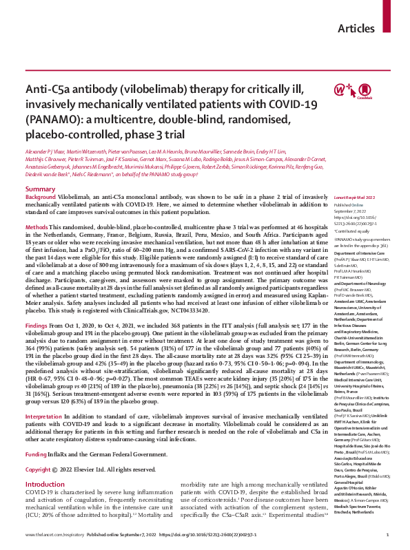 (PDF) Anti-C5a antibody (vilobelimab) therapy for critically ill ...