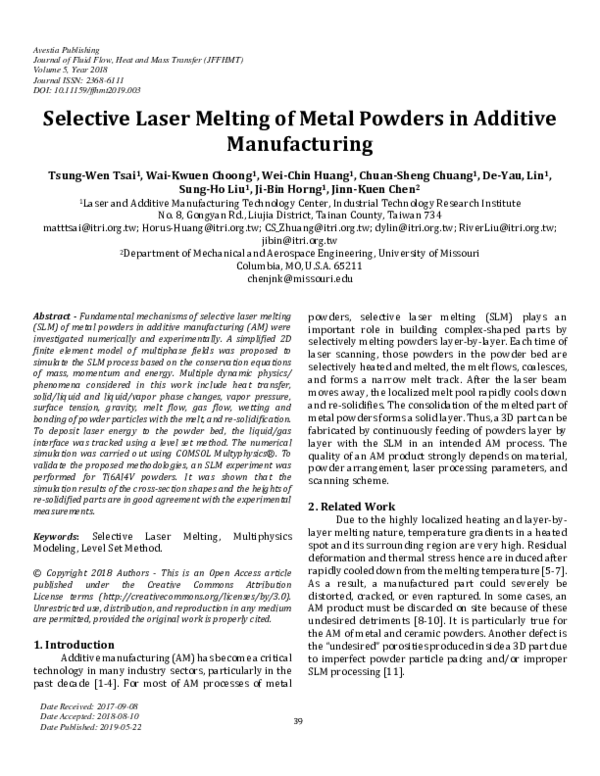 Pdf Selective Laser Melting Of Metal Powders In Additive Manufacturing