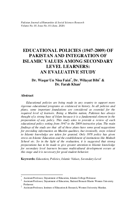 (PDF) Educational Policies (1947-2009) of Pakistan and Integration of Islamic Values Among ...