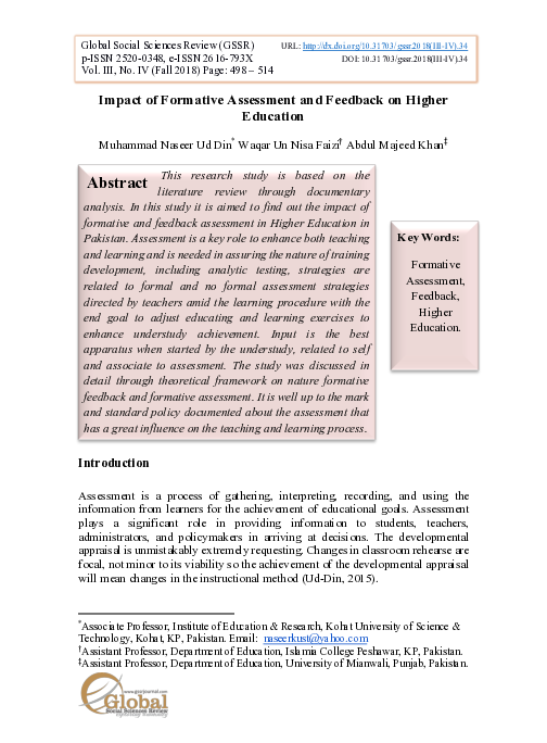 (PDF) Impact of Formative Assessment and Feedback on Higher Education