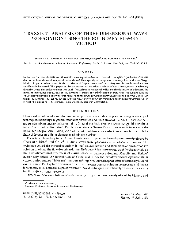 Pdf Transient Analysis Of Three Dimensional Wave Propagation Using The Boundary Element Method