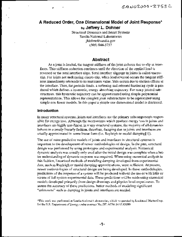 (PDF) A Reduced Order, One Dimensional Model of Joint Response ...