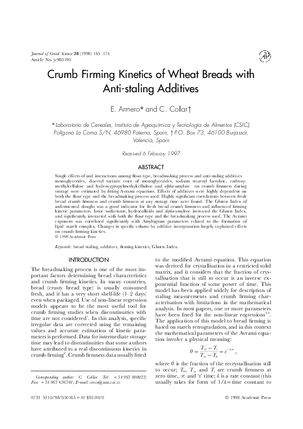 (PDF) Crumb Firming Kinetics of Wheat Breads with Anti-staling Additives