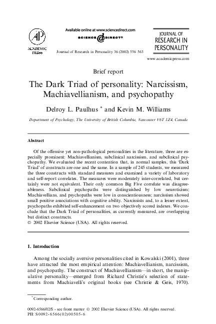 (PDF) The Dark Triad of personality: Narcissism, Machiavellianism, and ...