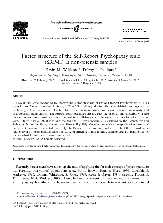 (PDF) Factor structure of the Self-Report Psychopathy scale (SRP-II) in ...