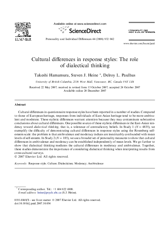 (PDF) Cultural differences in response styles: The role of dialectical ...