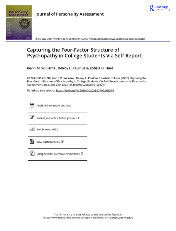 (PDF) Capturing the Four-Factor Structure of Psychopathy in College Students Via Self-Report