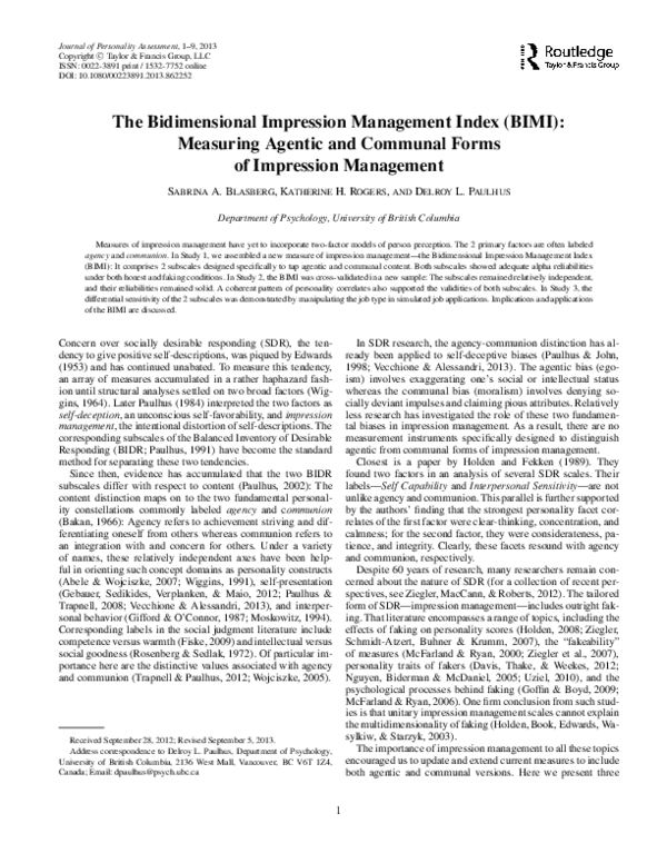 (PDF) The Bidimensional Impression Management Index (BIMI): Measuring ...