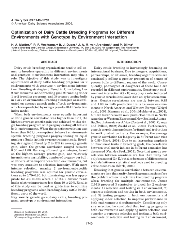 (PDF) Optimizing Dairy Cattle Breeding Across Environments