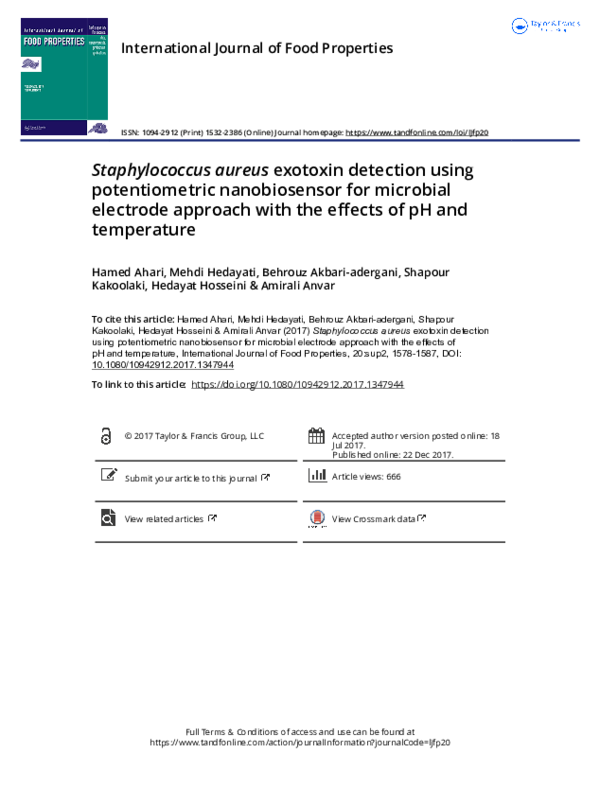 (PDF) Staphylococcus aureus exotoxin detection using potentiometric nanobiosensor for microbial ...