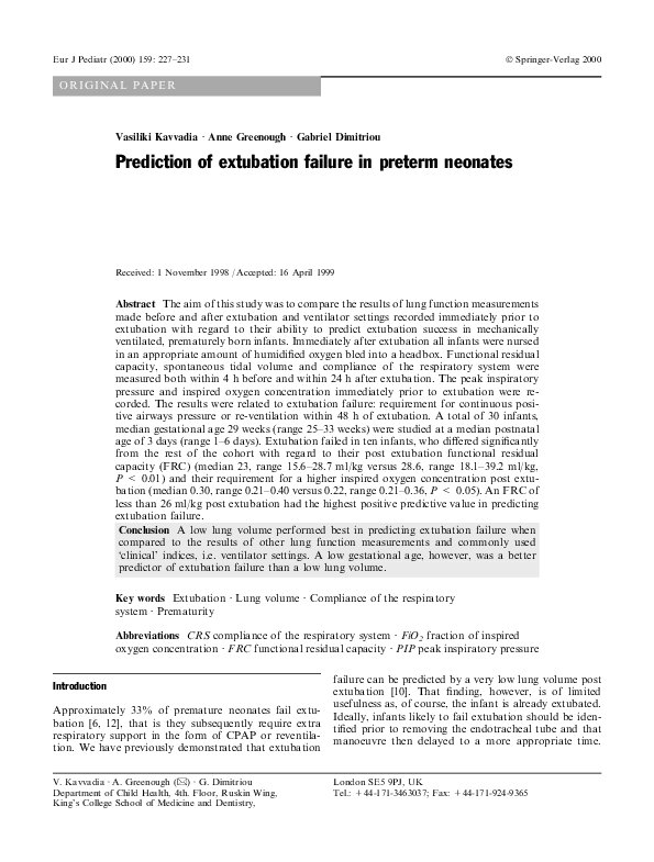 (PDF) Prediction of extubation failure in preterm neonates