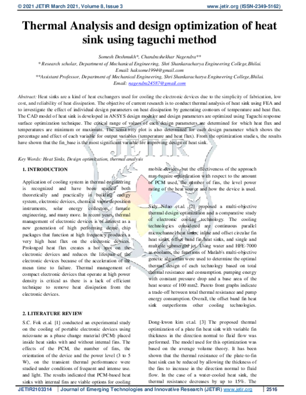 (PDF) Thermal Analysis and design optimization of heat sink using taguchi method