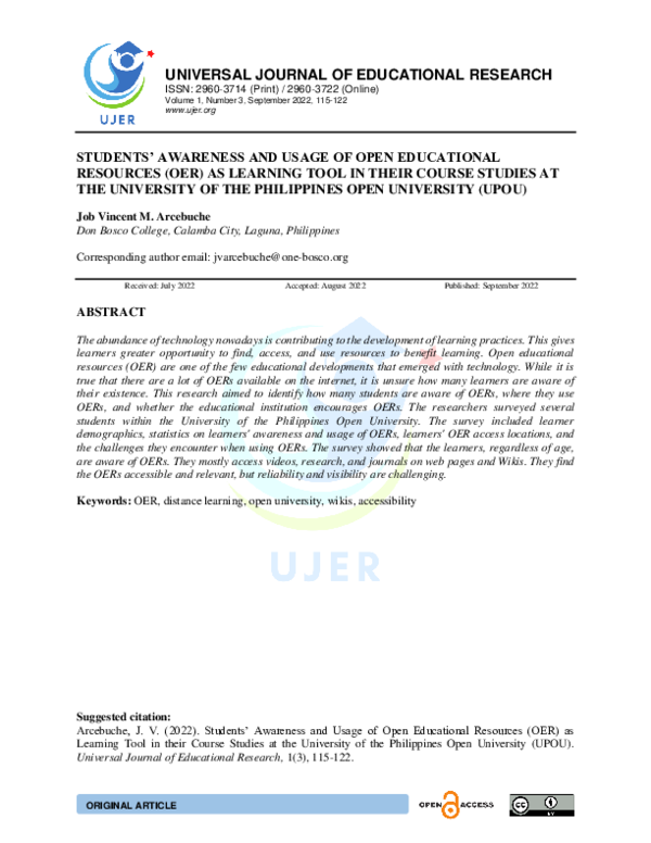 (PDF) Students' Awareness and Usage of Open Educational Resources (OER ...