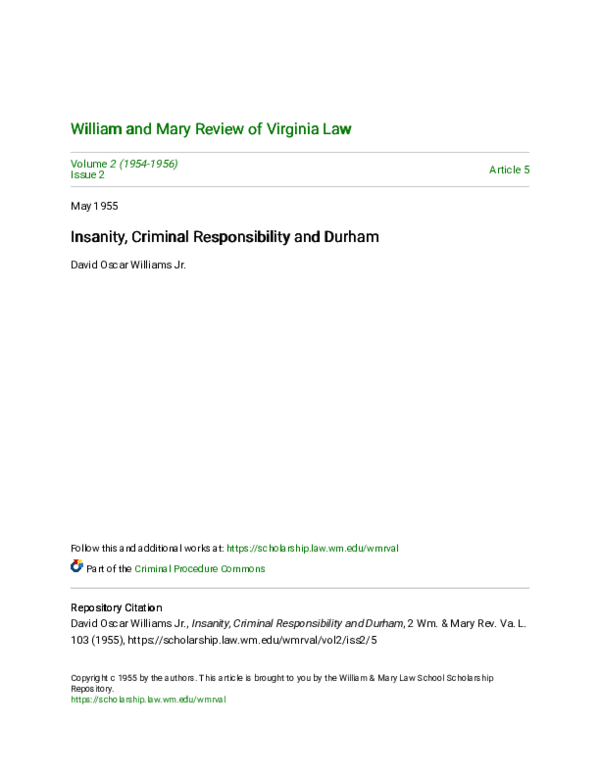 (PDF) Insanity, Criminal Responsibility and Durham